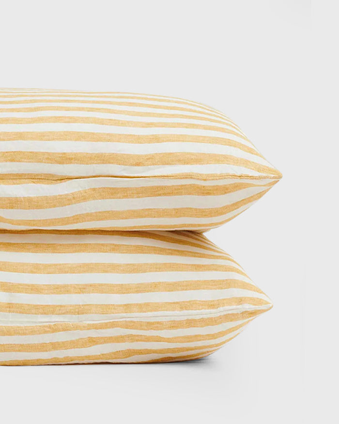 100% Linen Yellow Stripes Pillowcase Set